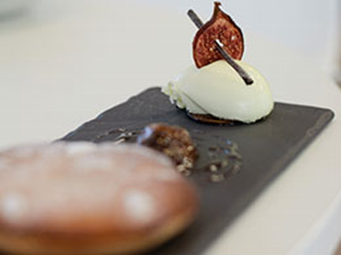 Fig and frangipane tart, Cornish clotted cream, fig syrup and crisps ...